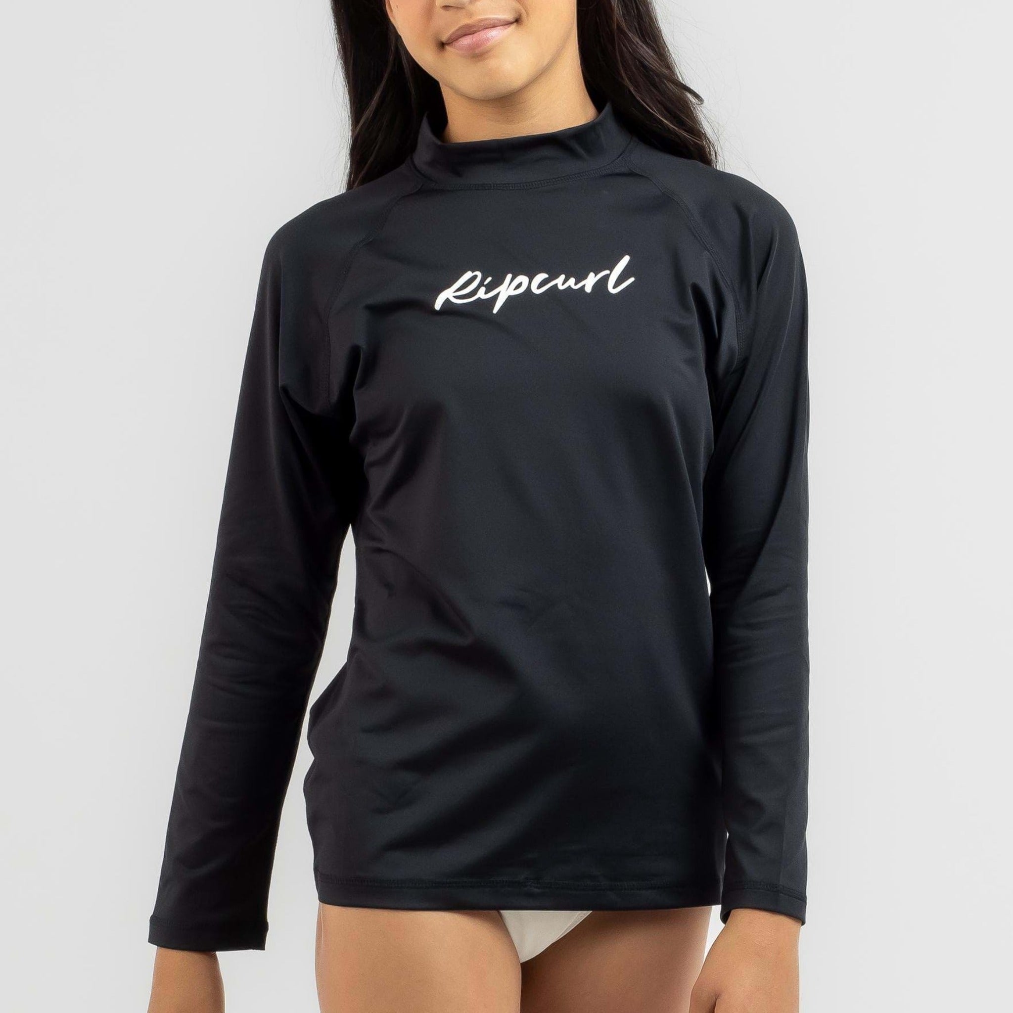 Rip Curl Girls Script Short Sleeve Rash Vest - Black | Rapid Surf ...